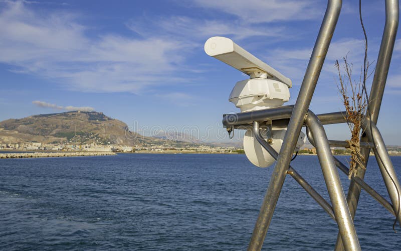 Ships Antenna and Navigation System in a Clear Blue Sky Stock Image ...