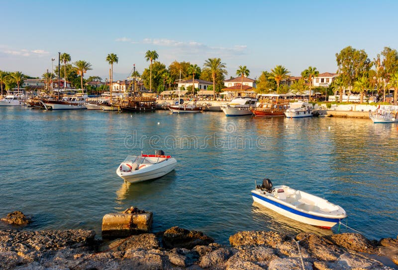 Ships and Boats in Side Port, Turkey Stock Image - Image of palm ...
