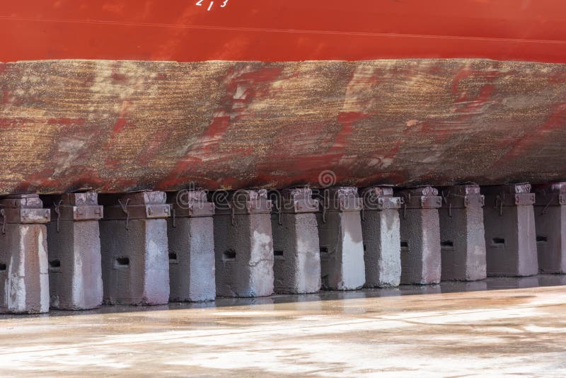 Ships Bottom Part, Seated on the Blocks Inside the Dry Dock. Stock ...