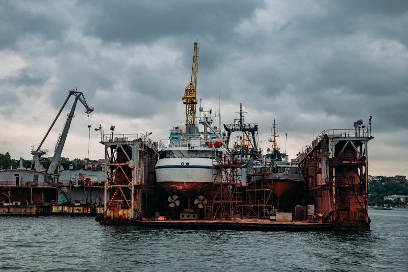 Ships in Floating Dry Dock Under Repair Stock Photo - Image of ...