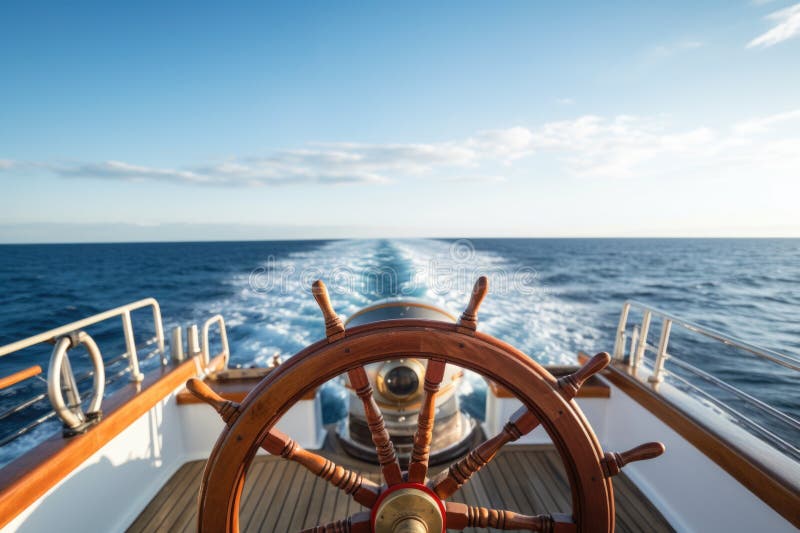 Ships Helm with Ocean Horizon in the Background Stock Photo - Image of ...