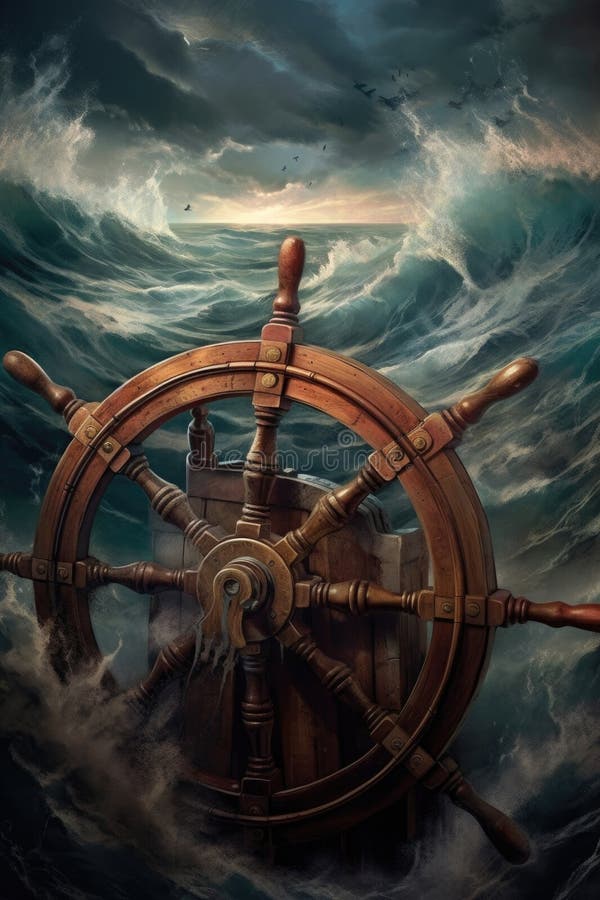 A Ships Helm Steering through the Stormy Sea Stock Illustration ...