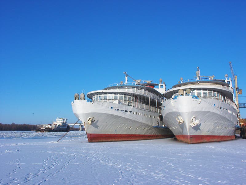 Ships in ice stock photo. Image of motor, river, snow, ship - 601614