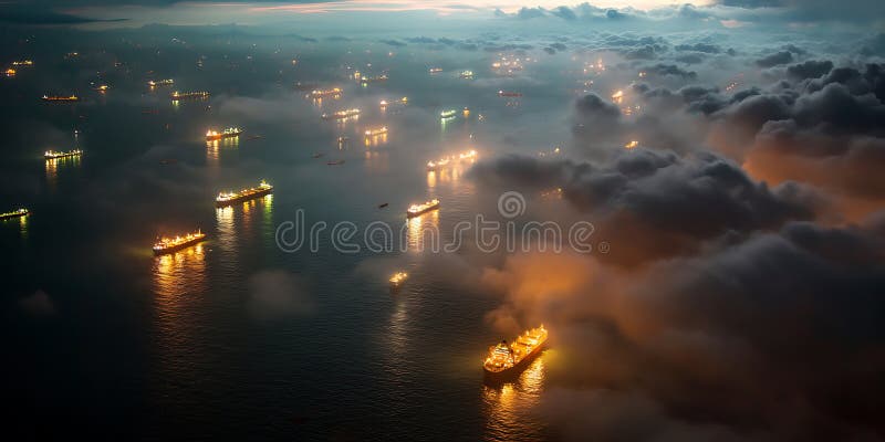 Ships Illuminated with Bright Lights Float Along a Vast Body of Water ...