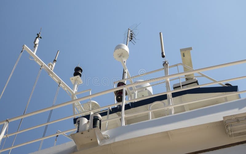 Communication And Navigation Equipment On The Mast Of Ship Stock Photo ...