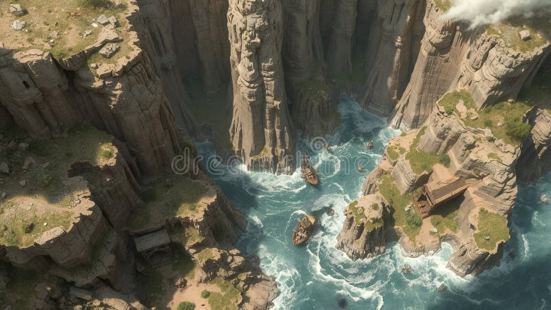 Ships Navigate a Narrow Channel between Towering Cliffs Stock ...