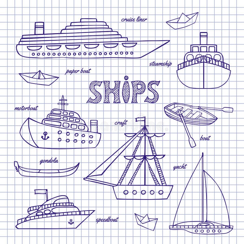 Ships on a notebook sheet stock vector. Illustration of navigational ...