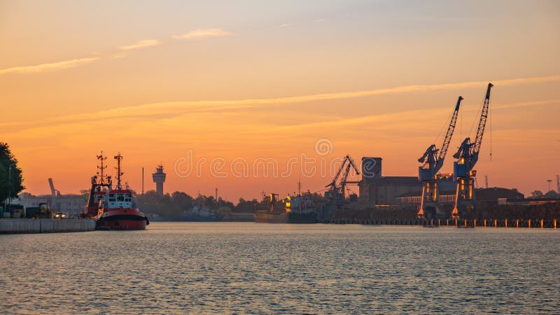 Ships in Port at Estuary of Vistula River at Sunset Time. Stock Photo ...