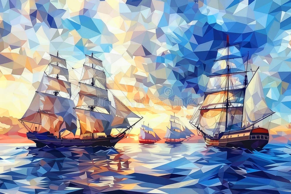 Ships with Sails at Sea at Sunset. Geometric Pattern Stock Illustration ...