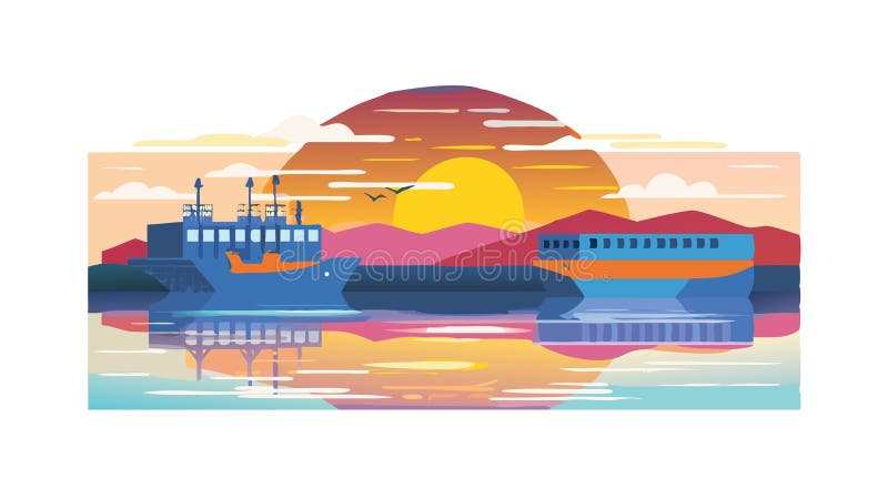 Ships Sunset Reflection Icon Sea Harbor Evening, Vector Design ...