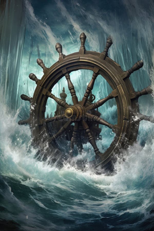 Ships Wheel Guiding through a Stormy Sea Stock Illustration ...