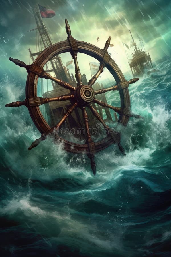 Ships Wheel Navigating through Stormy Seas Stock Illustration ...