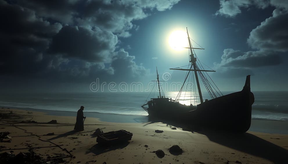 Shipwreck on Beach at Night, Coastal Scenery and Abandoned Vessel ...
