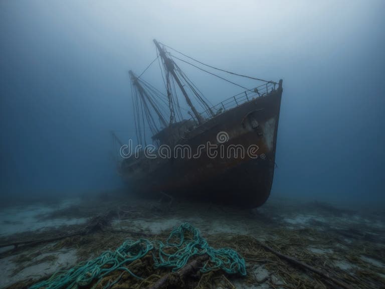 A Shipwreck that Lies Broken and Motionless on the Ocean Floor. Stock ...