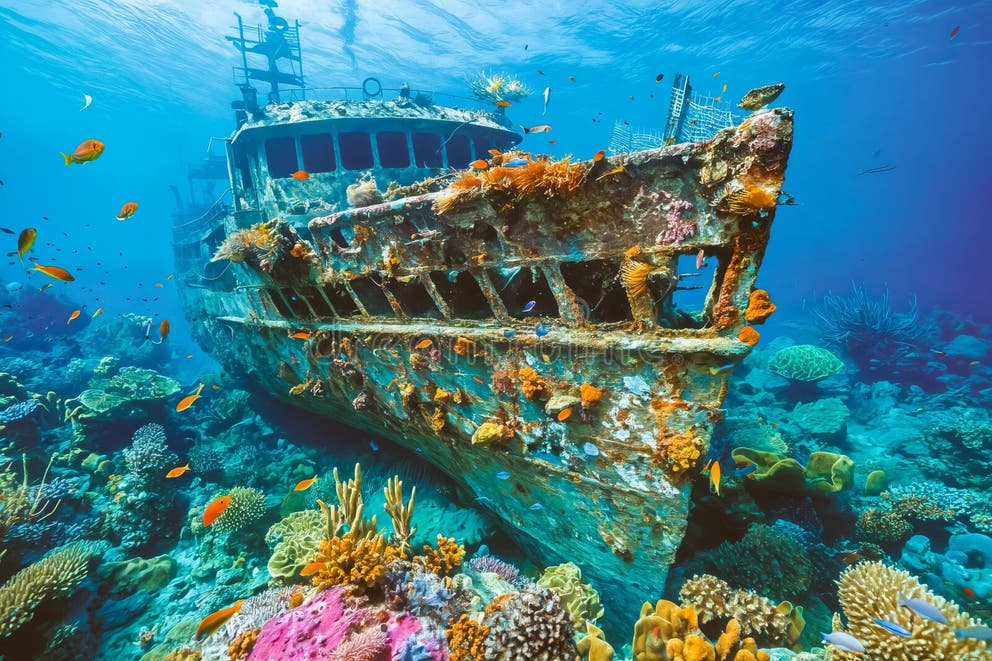 A Shipwreck in the Middle of a Coral Reef Surrounded by Fish ...