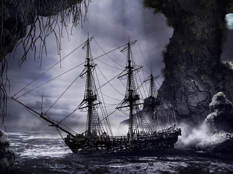 Shipwreck in mystery cave stock illustration. Illustration of rocks ...