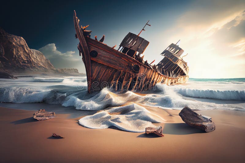 Shipwreck on a Sandy Beach, with Waves Breaking on the Shore Stock ...