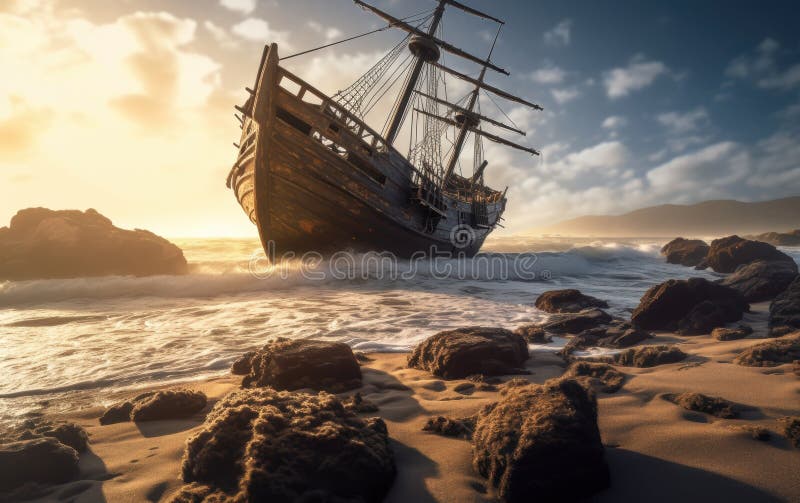Shipwreck on a Sandy Shore. Created by Generative Artificial ...