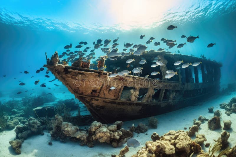 Shipwreck Surrounded by Schools of Fish and Coral Reef, with Rays ...