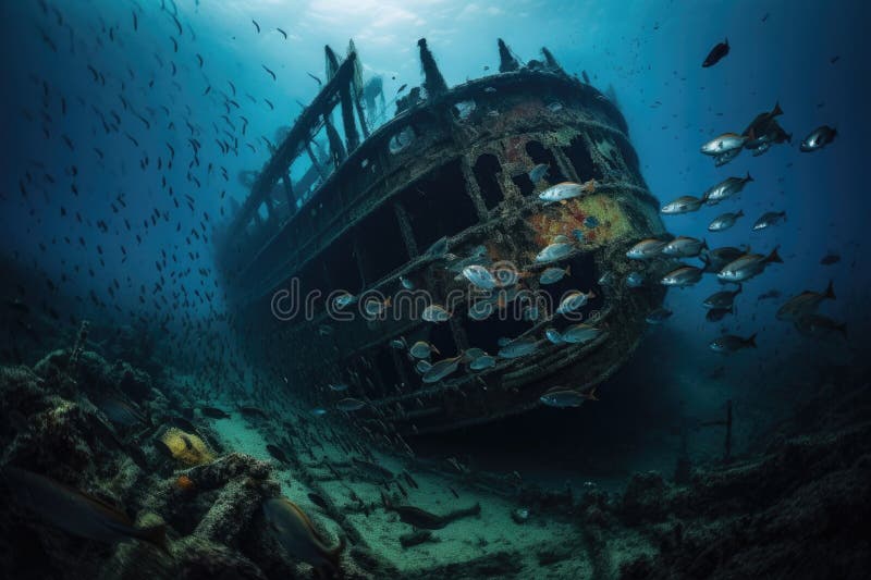 Shipwreck Surrounded by Schools of Fish Swimming in the Murky Depths ...