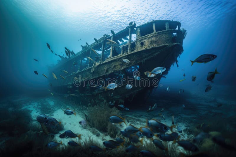 Shipwreck Surrounded by Schools of Fish Swimming in the Murky Depths ...
