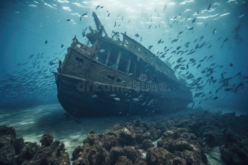 Shipwreck Surrounded by Schools of Fish Swimming among Shattered Pieces ...