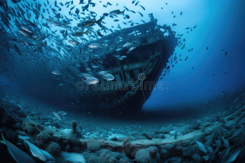 Shipwreck Surrounded by Schools of Fish Swimming among Shattered Pieces ...