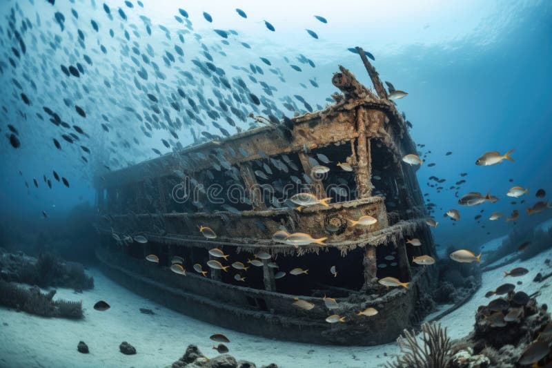 Shipwreck Surrounded by Schools of Fish Swimming in the Surrounding ...