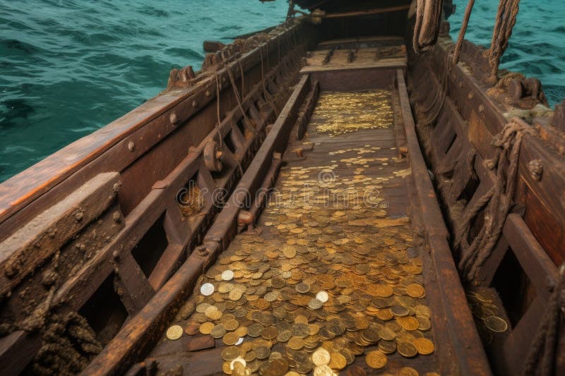 Shipwreck with Treasure and Gold Coins Visible on the Deck Stock Image ...