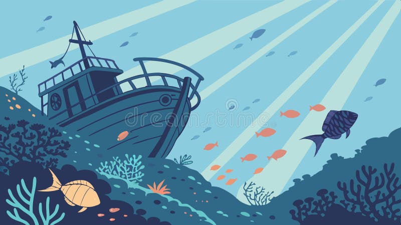 Shipwreck Underwater with Fish, Ocean Mystery Scene Vector Design ...