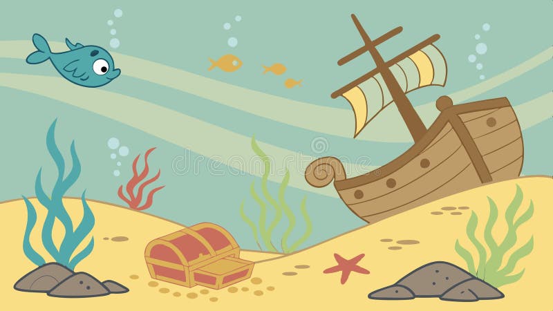 Shipwreck Underwater Scene, Mysterious Ocean Seabed Exploration Vector ...