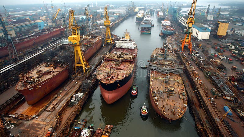 Shipyard Aerial View of Ships Under Construction and Repair Industrial ...