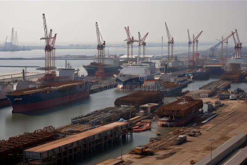 Shipyard, with Dozens of Ships Under Construction and in Various Stages ...
