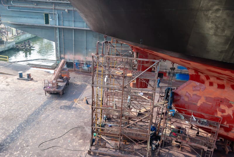 Shipyard, Dry Dock with Ship Hull and Scaffolding Stock Image - Image ...