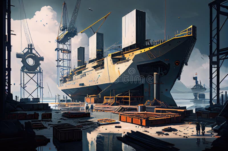Shipyard, with Half-built Modern Ship, Surrounded by Cranes and ...