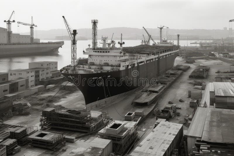 Shipyard, with Half-completed Ship and Bustling Work Site Stock ...