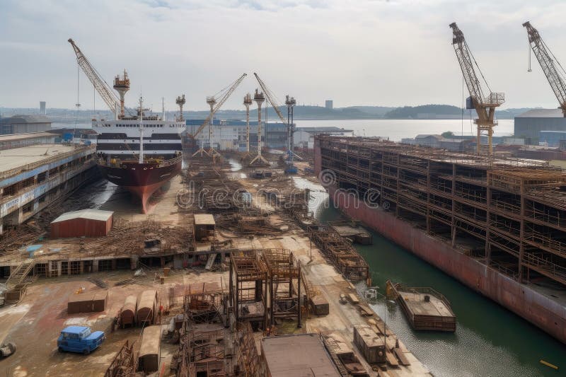 Shipyard, with Half-completed Ship and Bustling Work Site Stock ...