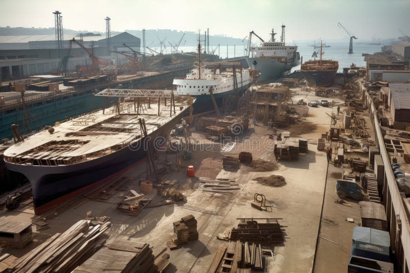 Shipyard, with Half-completed Ship and Bustling Work Site Stock ...