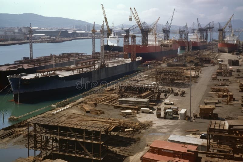 Shipyard, with Half-completed Ship and Bustling Work Site Stock ...