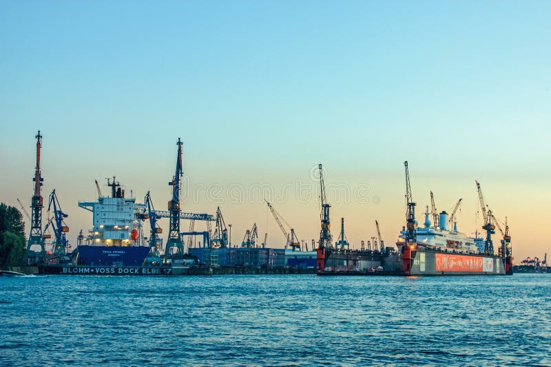 Shipyard and Harbor Shipbuilding with Crane Machine and Container Ship ...