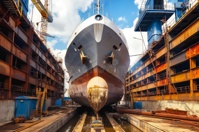 Shipyard Industry, Ship Building, Big Ship on Floating Dry Dock in Shipyard Stock Illustration ...
