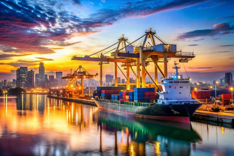 Shipyard Logistic Import Export, Container Cargo Freight Industrial Ship with Working Crane ...