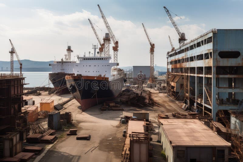 Shipyard, with Many Ships in Various Stages of Construction and Repair ...
