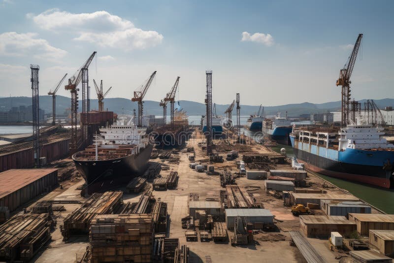 Shipyard, with Many Ships in Various Stages of Construction and Repair ...