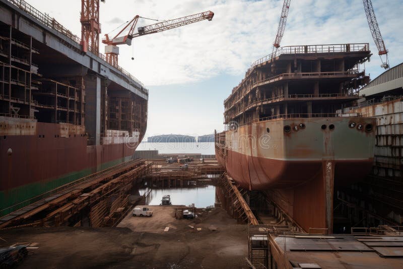Shipyard, with Massive Ship Being Built from the Keel Up Stock ...