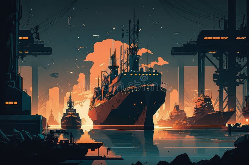Shipyard by Night with Ships Lit Up by Bright Lights Stock Illustration ...
