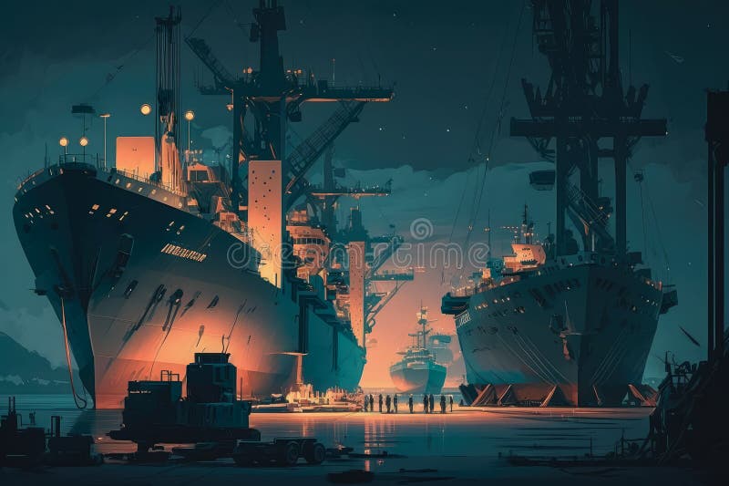 Shipyard by Night with Ships Lit Up by Bright Lights Stock Illustration ...