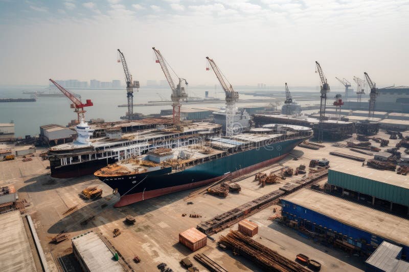 Shipyard, with Numerous Vessels Under Construction and Visible Progress ...