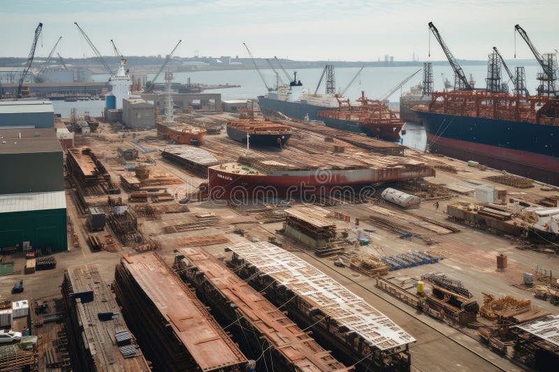 Shipyard, with Numerous Vessels Under Construction and Visible Progress ...