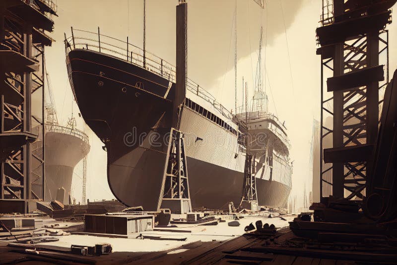 Shipyard, with Numerous Vessels in Various Stages of Construction Stock ...